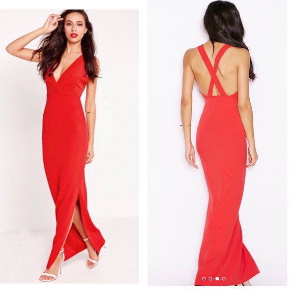 Missguided | Dresses | Missguided Cross Back Maxi Dress Red V Neck ...
